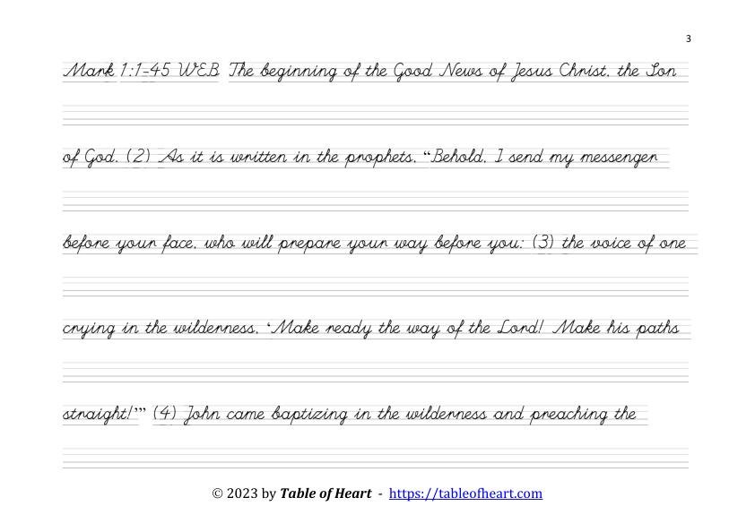Copywork cursive non-dotted font - size 18 - Gospel of Mark