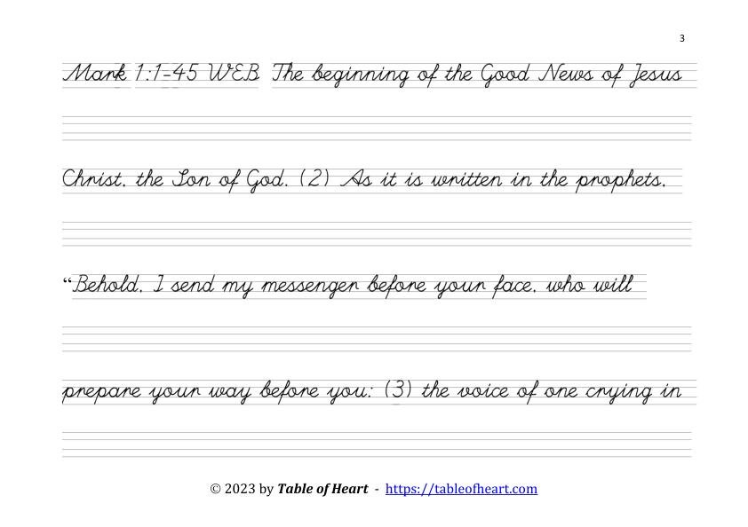 Copywork cursive non-dotted font - size 23 - Gospel of Mark