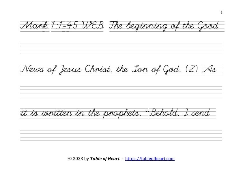 Copywork cursive non-dotted font - size 30 - Gospel of Mark