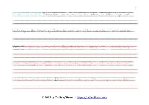 Mark 11 Copywork cursive dotted font size 23 worksheets