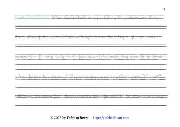 Mark 16 Copywork cursive dotted font size 23 worksheets